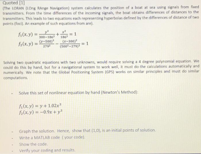 Solved Quoted (1) (The LORAN (LOng Range Navigation) system | Chegg.com
