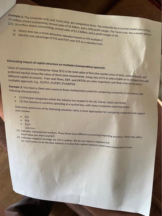 Solved Valuation with Multiples Handout: Market-Base | Chegg.com