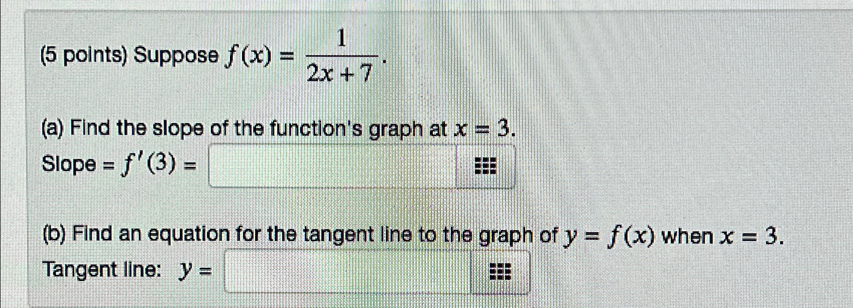 Solved (5 ﻿points) ﻿Suppose f(x)=12x+7(a) ﻿Find the slope of | Chegg.com