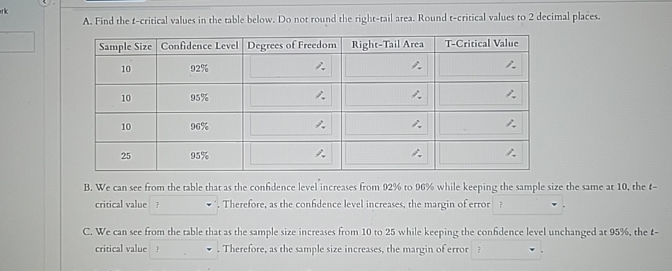 Solved A. ﻿Find the t-critical values in the table below. Do | Chegg.com