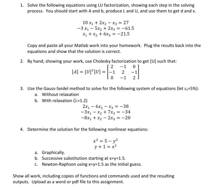 Solved 1 Solve The Following Equations Using Lu