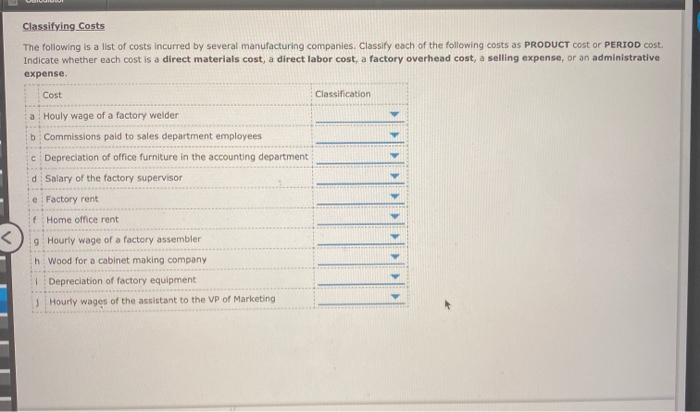 Solved: Classifying Costs The Following Is A List Of Costs... | Chegg.com