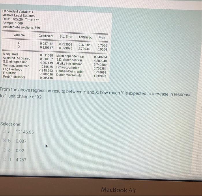Solved Dependent Variable: Y Method: Least Squares Date: | Chegg.com