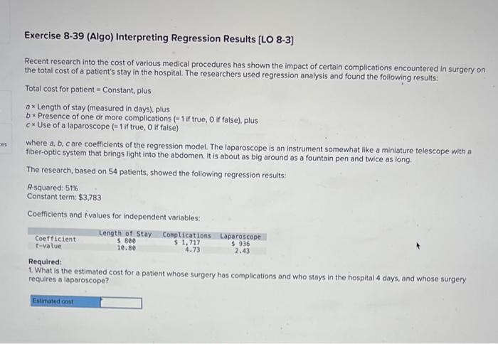 Solved Exercise 8-39 (Algo) Interpreting Regression Results | Chegg.com