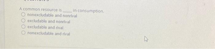 Solved A common resource is Ononexcludable and nonrival O | Chegg.com