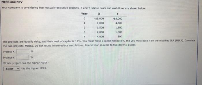 Solved MIRR and NPV Your company is considering two mutually | Chegg.com