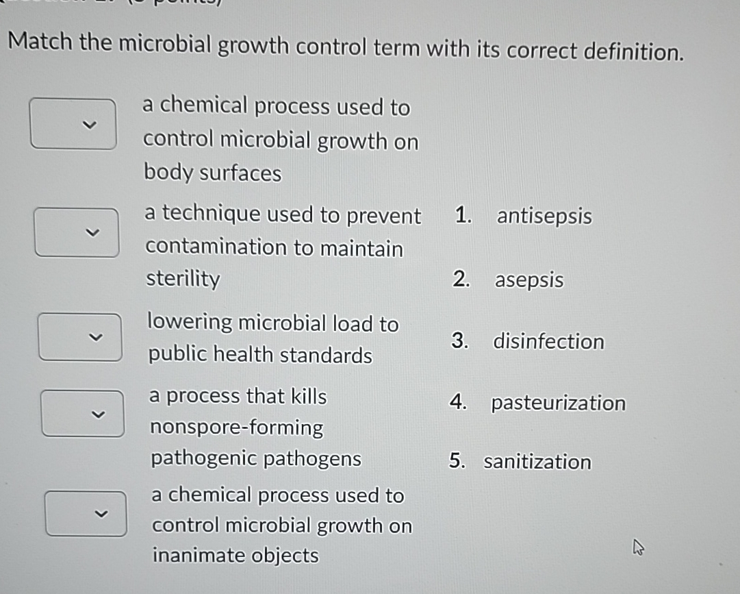 Solved Match the microbial growth control term with its | Chegg.com