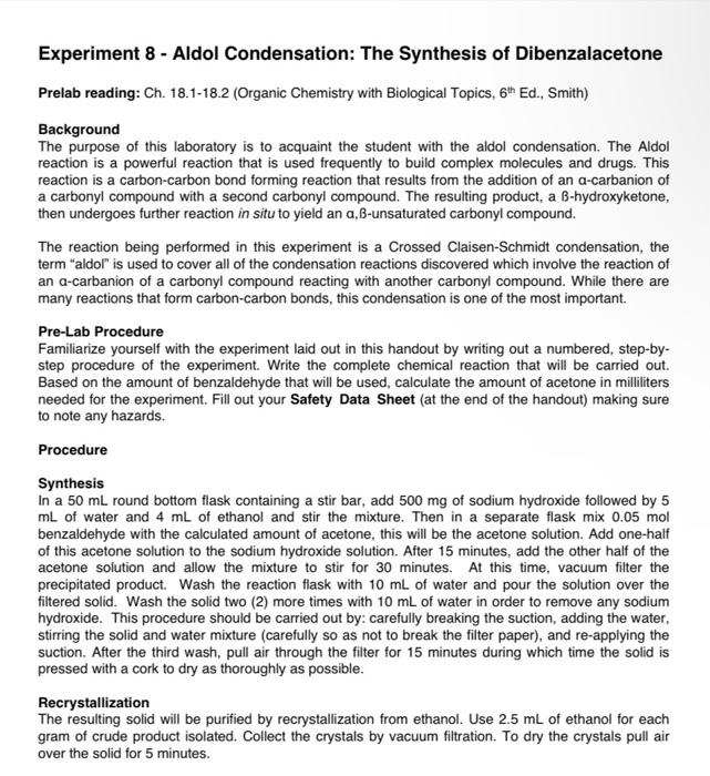 Solved Experiment 8 - Aldol Condensation: The Synthesis of | Chegg.com