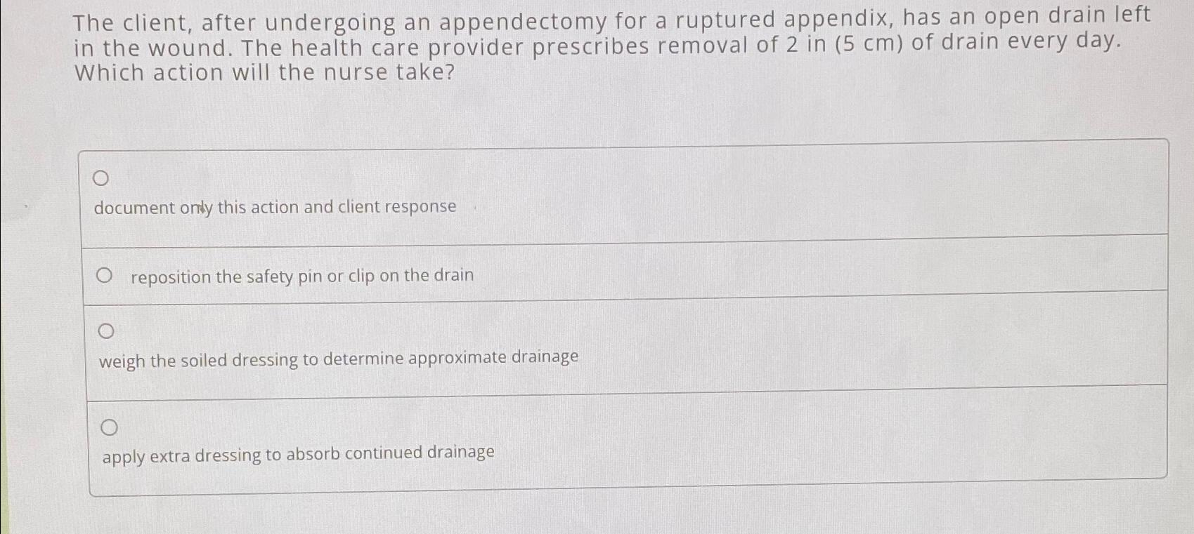 Solved The client, after undergoing an appendectomy for a | Chegg.com