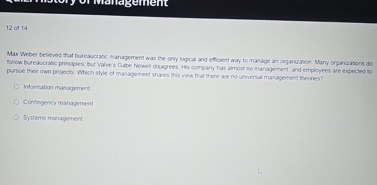 Solved 12 ﻿of 14Max Weber believed that bureaucratic | Chegg.com