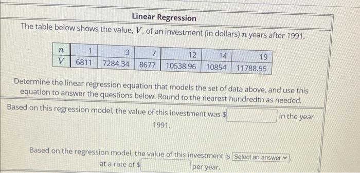 Solved The table below shows the value, V, of an investment | Chegg.com