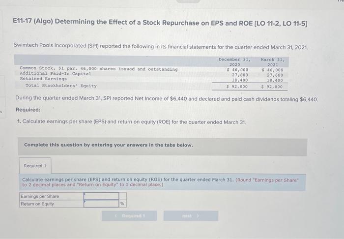 Solved E11-17 (Algo) Determining the Effect of a Stock | Chegg.com