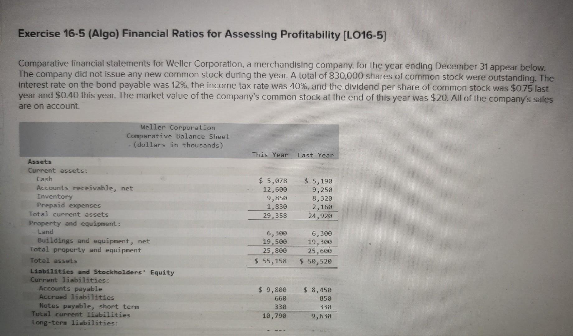 Solved Exercise 16-5 (Algo) Financial Ratios for Assessing | Chegg.com