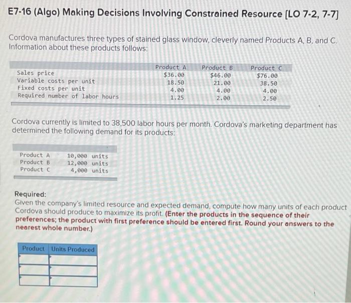 Solved E7-16 (Algo) Making Decisions Involving Constrained | Chegg.com
