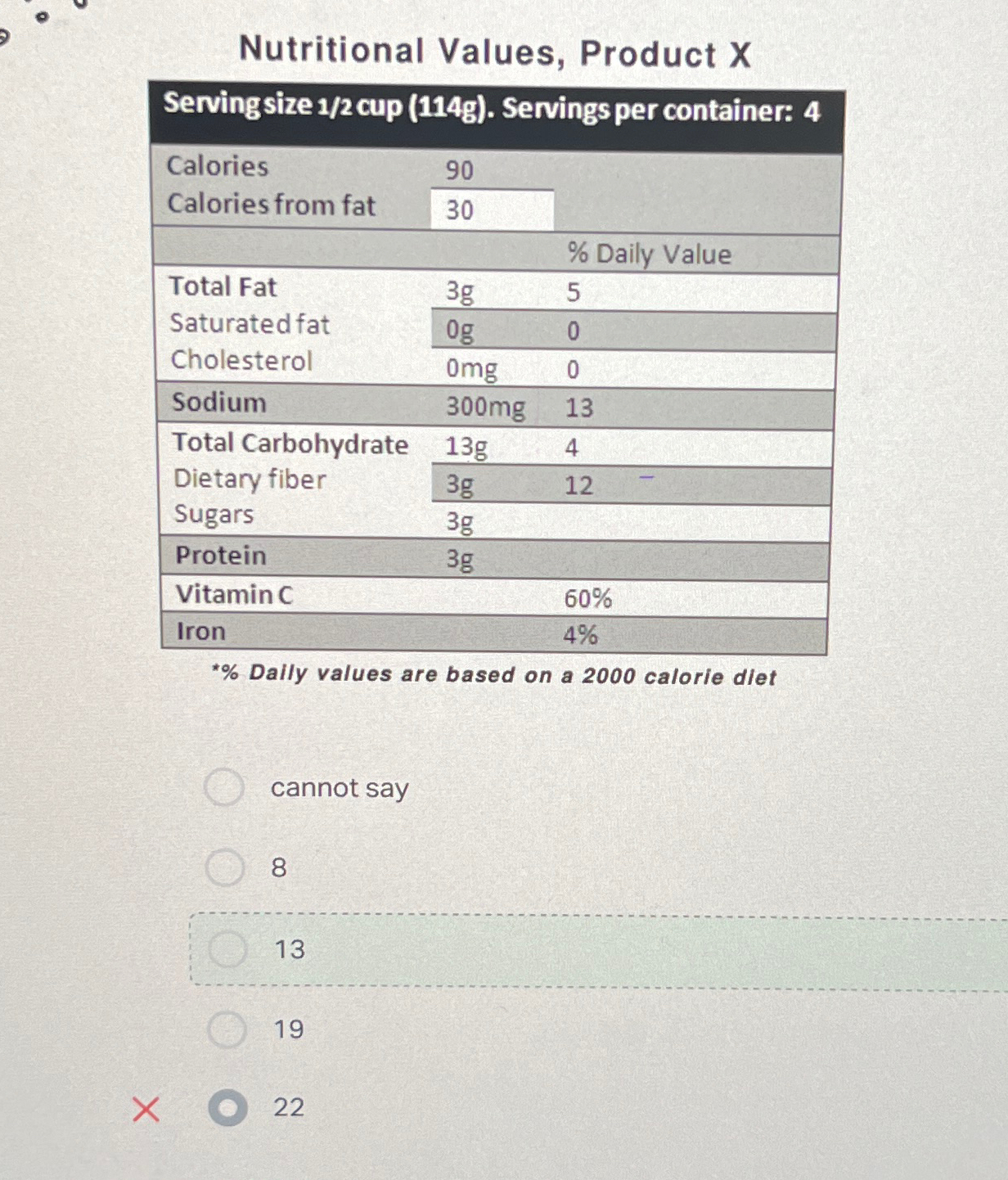 Nutritional Values, Product xServing size 12 ﻿cup | Chegg.com