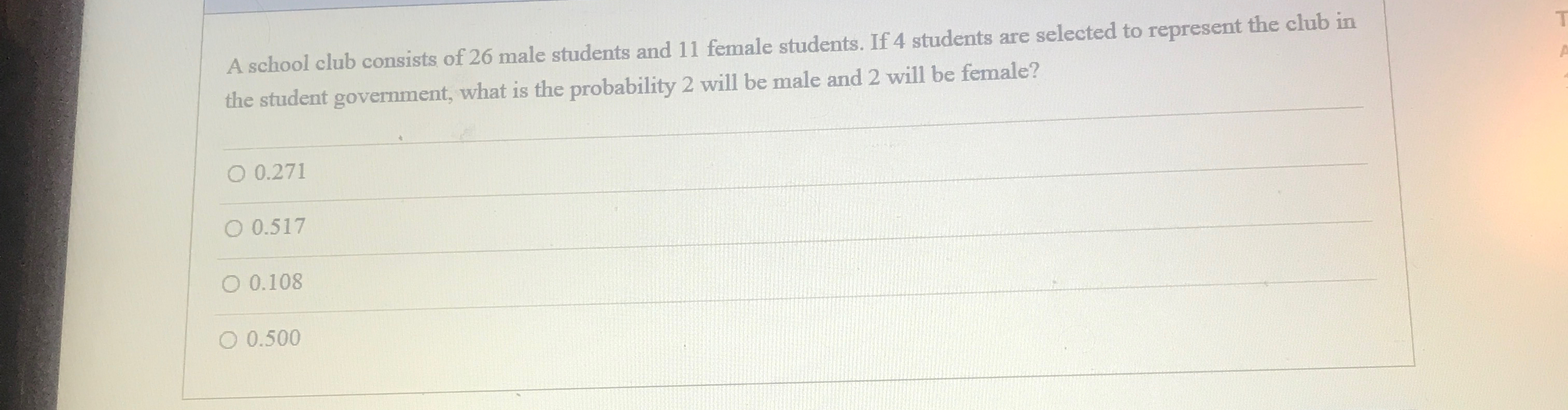 Solved A school club consists of 26 ﻿male students and 11 | Chegg.com