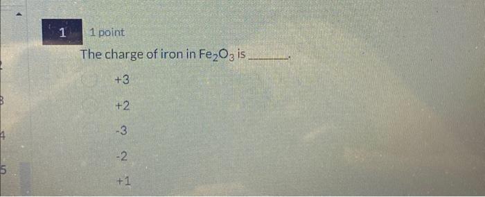 Solved The charge of iron in Fe2O3 is +3 +2 −3 −2 +1Name the | Chegg.com