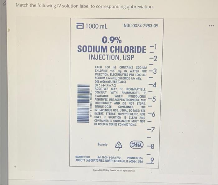 Match the following IV solution label to | Chegg.com
