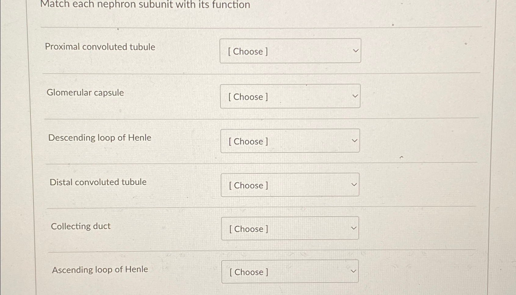 Solved Match each nephron subunit with its functionProximal | Chegg.com
