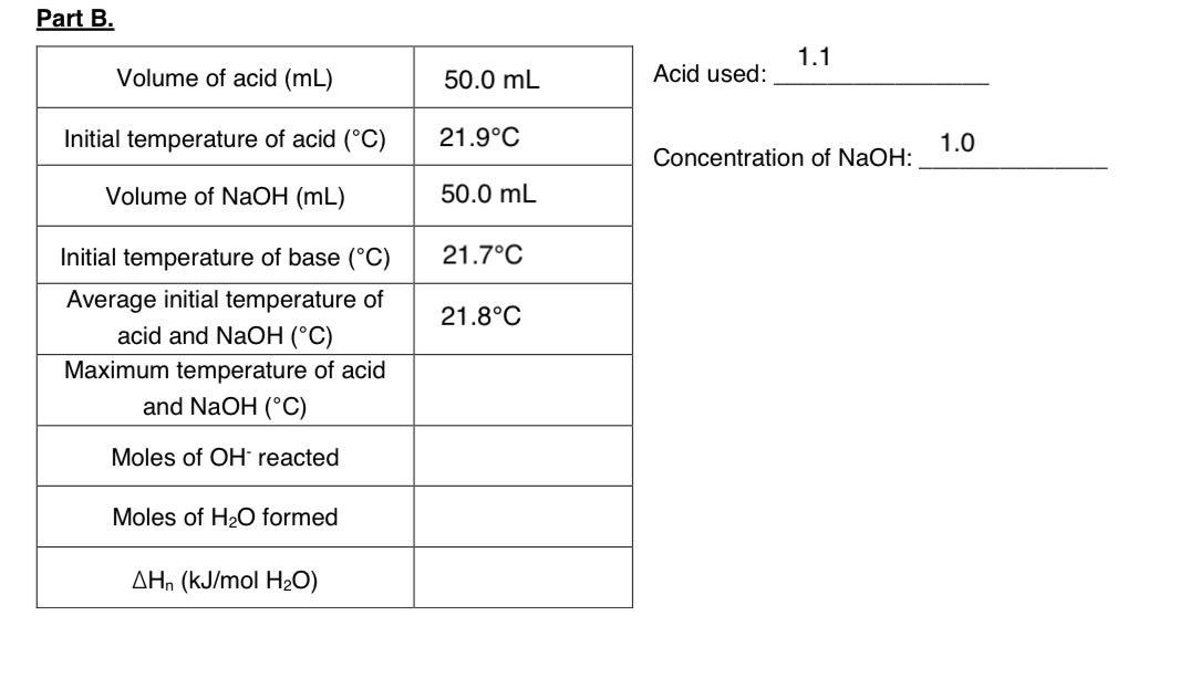Solved Part B.\table[[Volume of acid (mL),50.0mL | Chegg.com