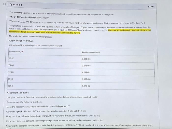 Solved Question 4 The van't Hoff Equation is a mathematical | Chegg.com