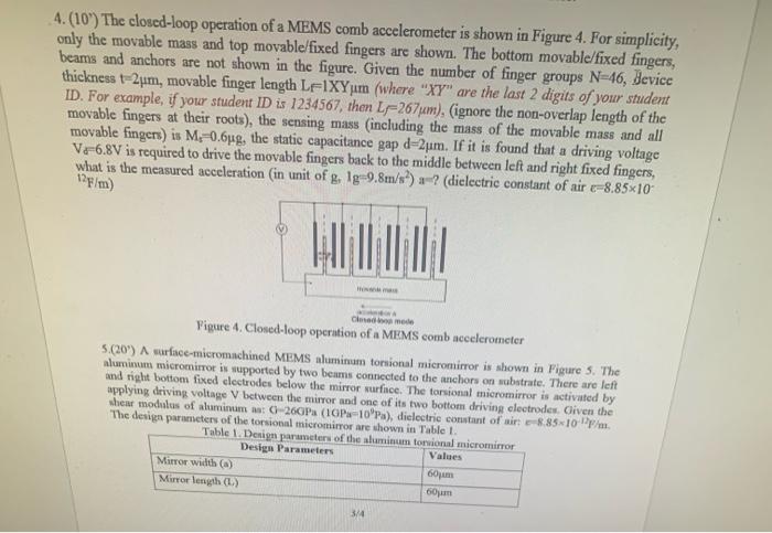 Solved The closed-loop operation of a MEMS comb | Chegg.com
