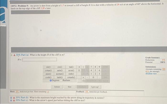 Solved (10\%) Problem 9: An arrow is shot from a height of | Chegg.com