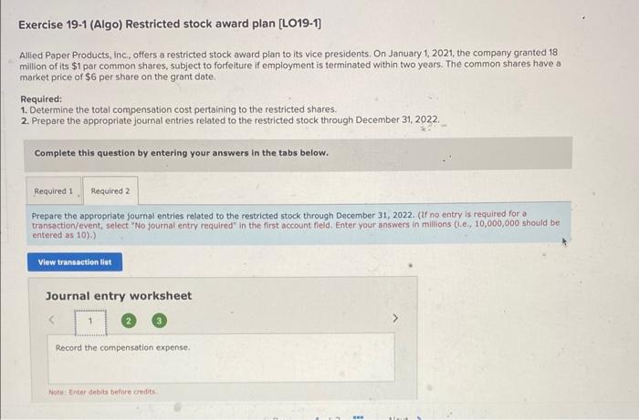 Solved Exercise 19-1 (Algo) Restricted stock award plan | Chegg.com
