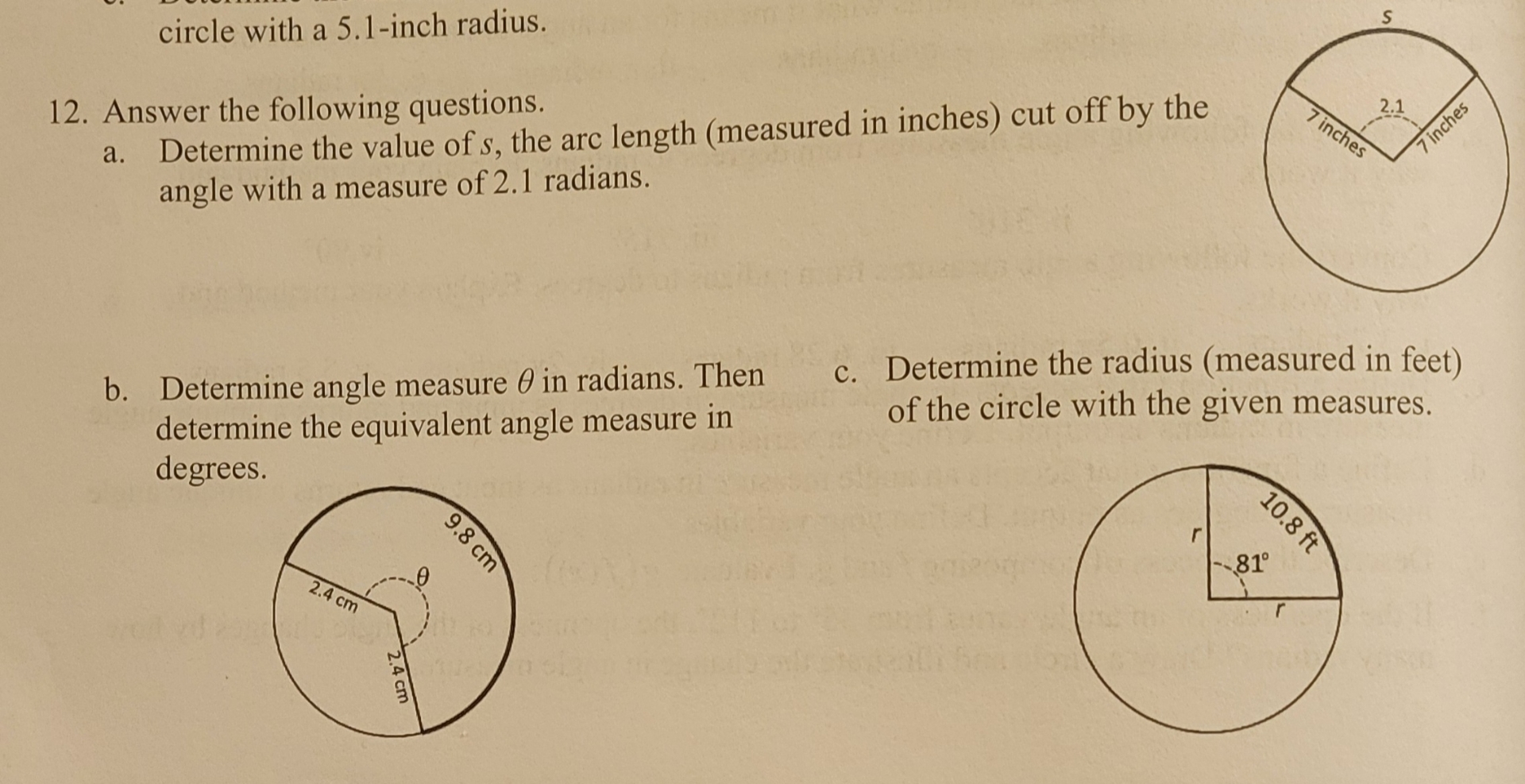 Solved circle with a 5.1-inch radius.12. ﻿Answer the | Chegg.com