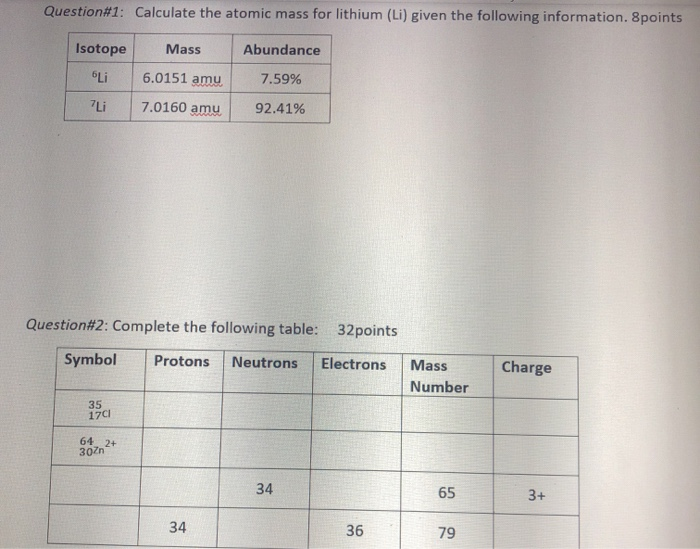 Solved Question#1: Calculate the atomic mass for lithium | Chegg.com