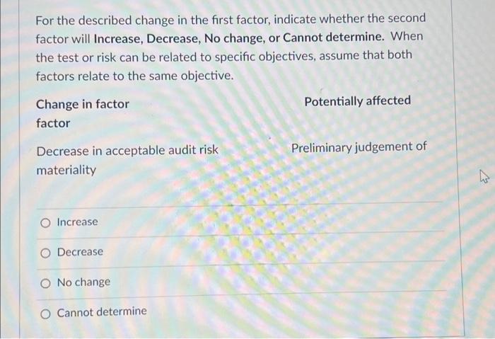 Solved For the described change in the first factor, | Chegg.com