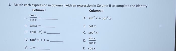Solved 1. Match each expression in Column I with an | Chegg.com