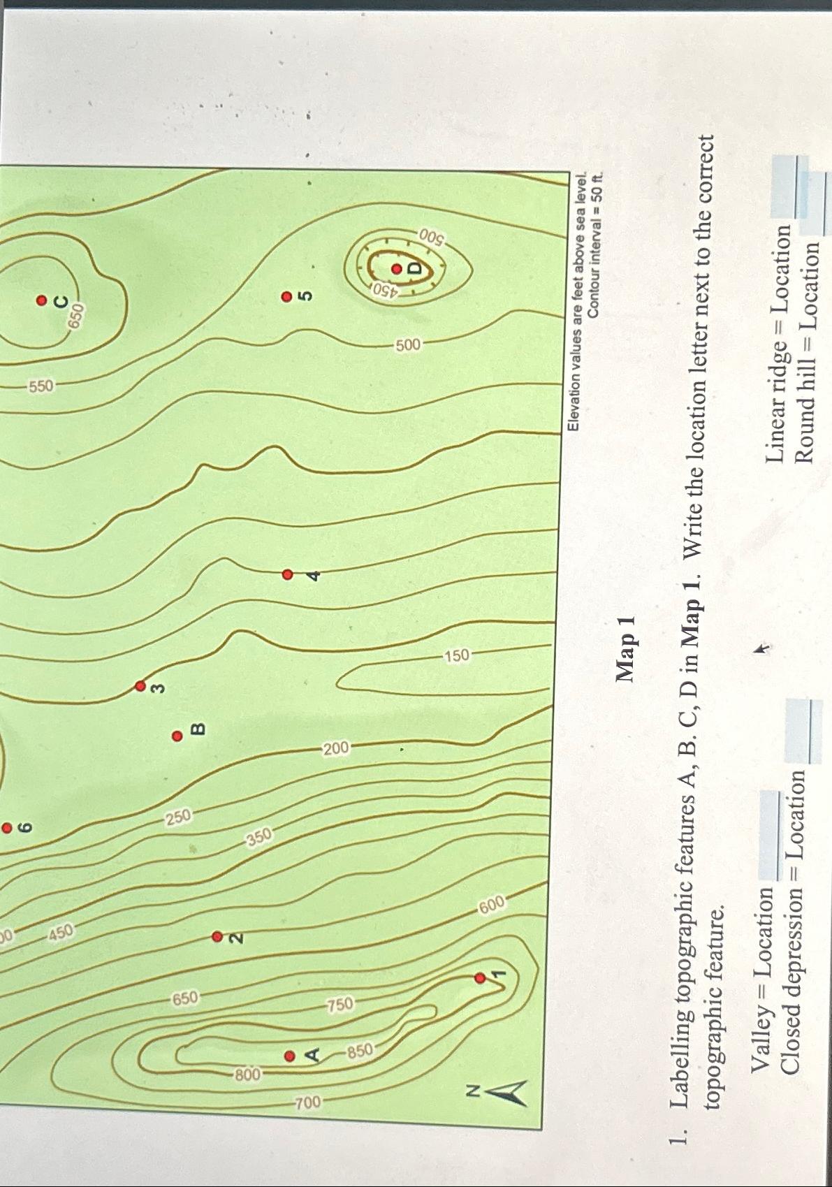 Solved Labelling topographic features A, ﻿B. ﻿C, ﻿D in Map | Chegg.com