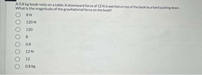 Solved A 0.8 kg book rests on a table. A downward force of | Chegg.com