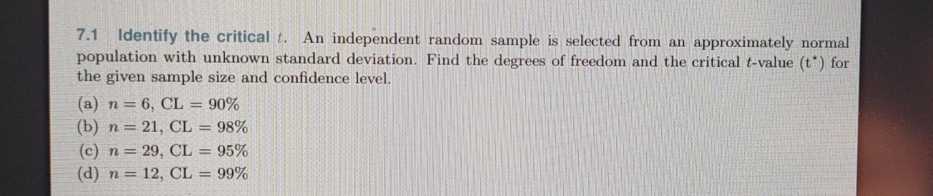Solved 7.1 Identify the critical t. An independent random | Chegg.com