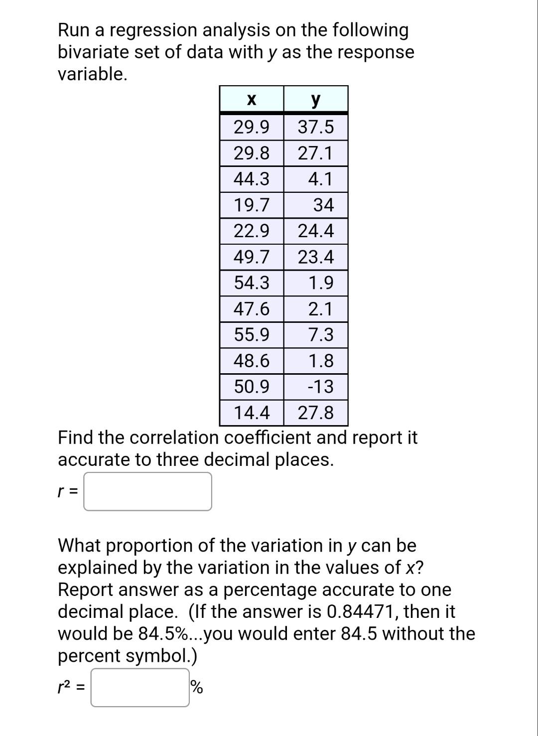 Solved Run a regression analysis on the following bivariate | Chegg.com