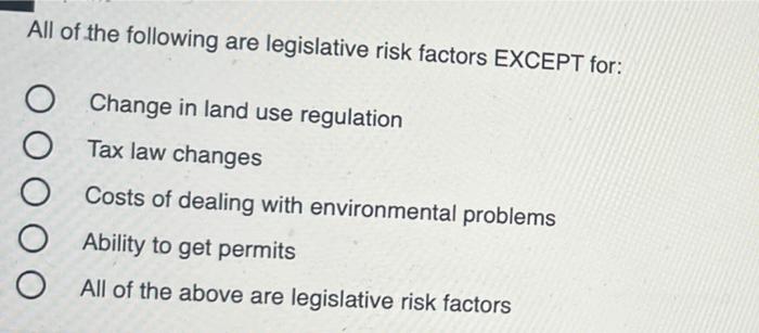 Solved All of the following are legislative risk factors | Chegg.com