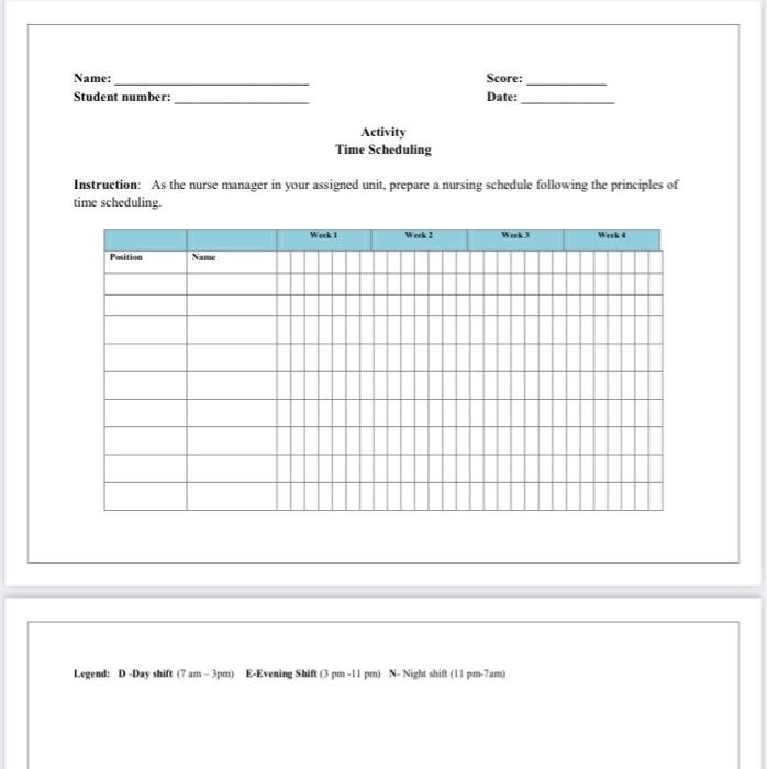 Solved Name: Student number: Score: Date: Activity Time | Chegg.com