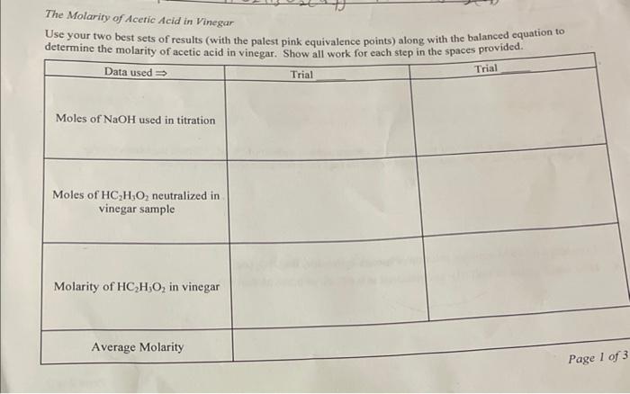 Solved The Molarity of Acetic Acid in Vinegar Use your two | Chegg.com