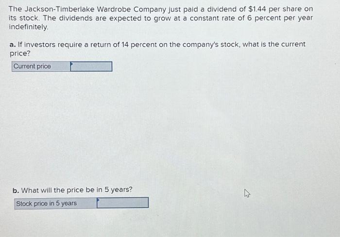 Solved The Jackson-Timberlake Wardrobe Company just paid a | Chegg.com