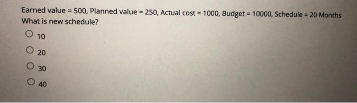 Solved Earned value = 500, Planned value = 250, Actual cost | Chegg.com