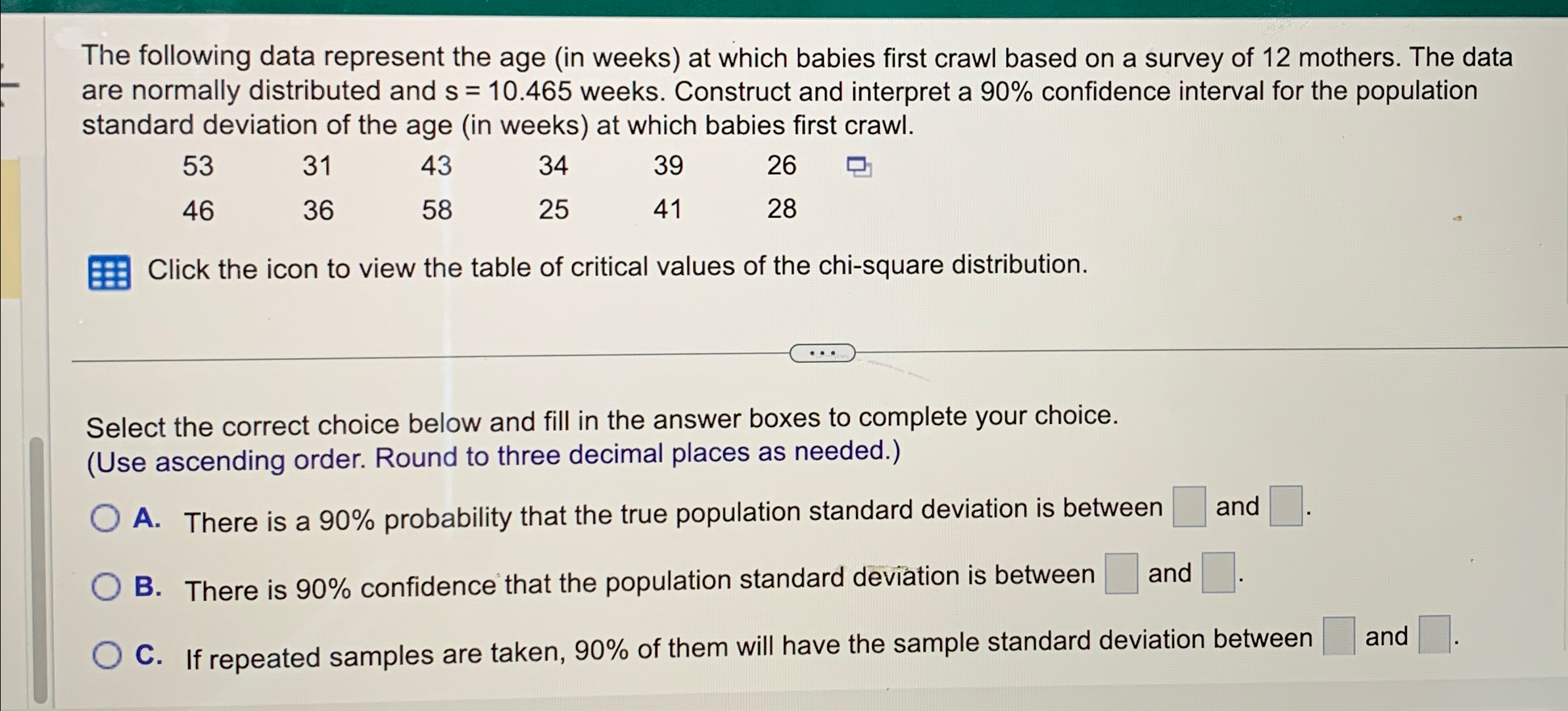 Solved The following data represent the age (in weeks) ﻿at | Chegg.com