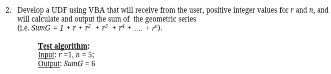 Solved 2. Develop a UDF using VBA that will receive from the | Chegg.com