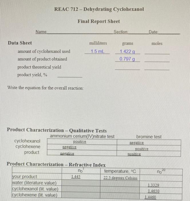 Solved REAC 712 - Dehydrating Cyclohexanol Final Report | Chegg.com