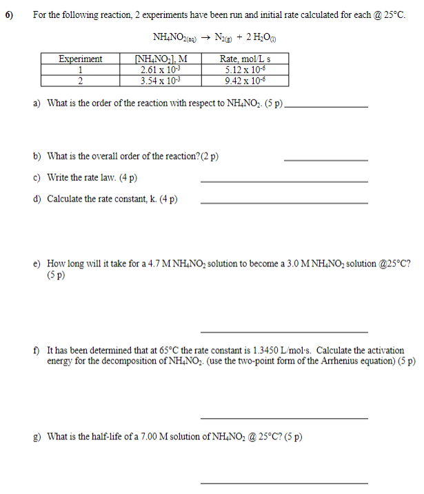 Solved For the following reaction, 2 ﻿experiments have been | Chegg.com