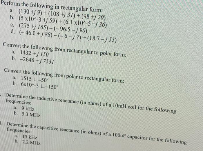 Solved Perform the following in rectangular form: a. (130 +j | Chegg.com