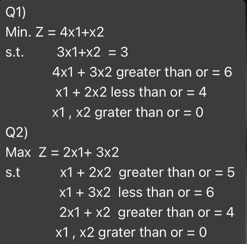 Solved Q1) Min. Z = 4x1+x2 s.t. 3x1+x2 = 3 4x1 + 3x2 greater | Chegg.com