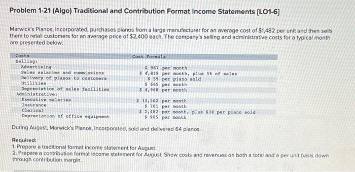 Solved Problem 1-21 (Algo) Traditional and Contribution | Chegg.com