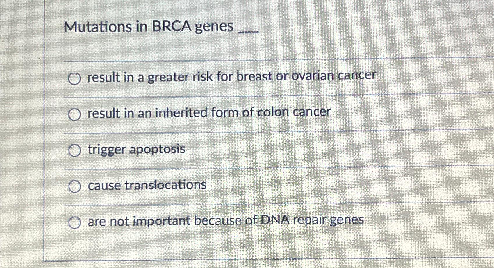 Solved Mutations in BRCA gene: Result in a greater risk for | Chegg.com