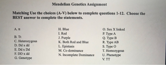 Solved Mendelian Genetics Assignment Matching Use the | Chegg.com